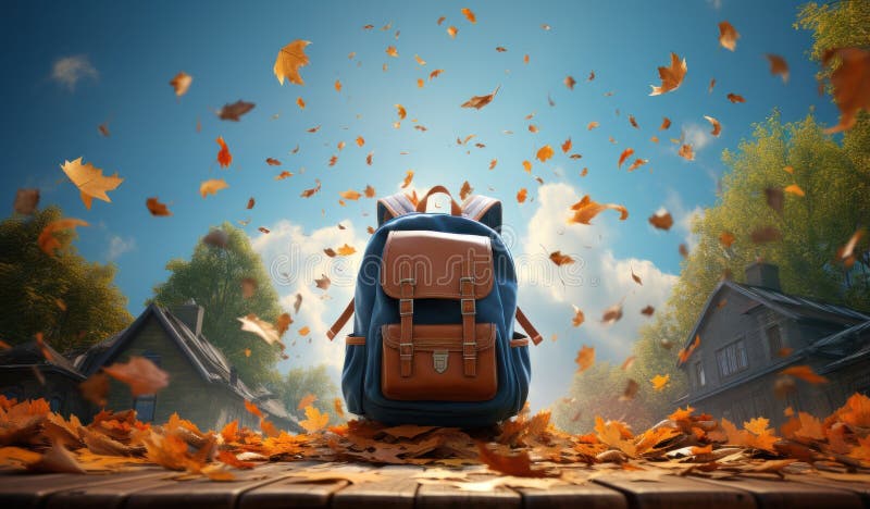 Books with Backpack Over the Sky and Some Falling Leaves Stock Photo ...