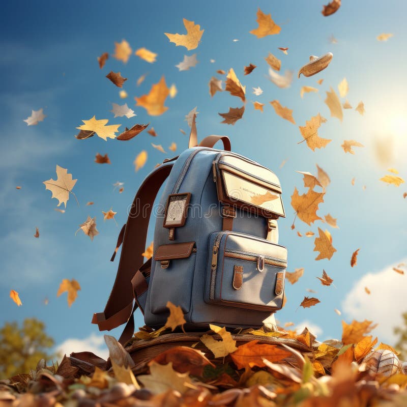 Books with Backpack Over the Sky and Some Falling Leaves Stock Photo ...