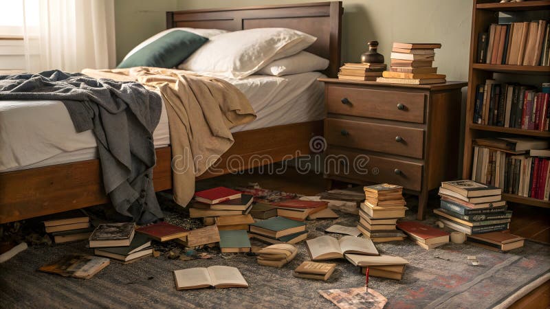 Books on Bedside Table. Room is a Mess, Things are Scattered Around ...
