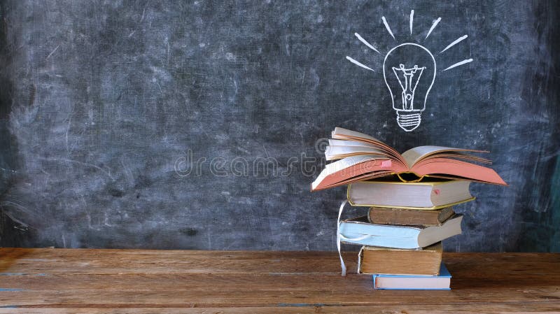 Books and Blackboard with Drawing of a Lightbulb,education,learning ...