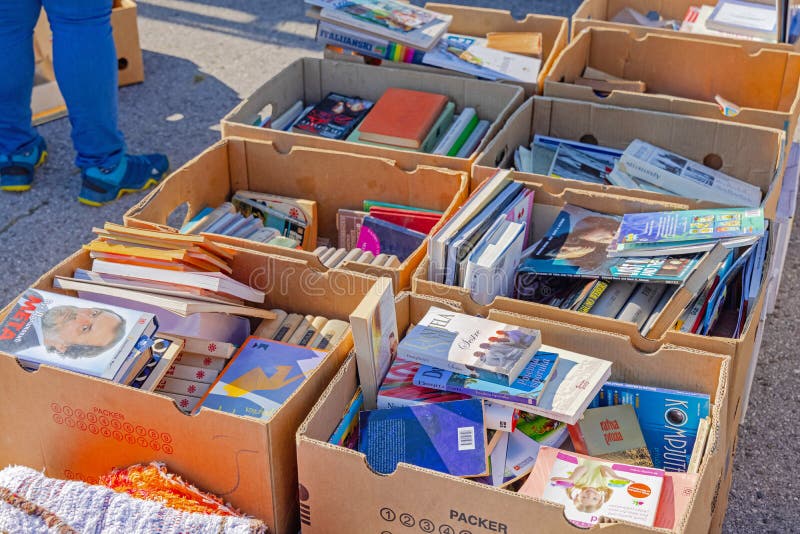 Books Boxes Flea Market editorial stock image. Image of editorial ...