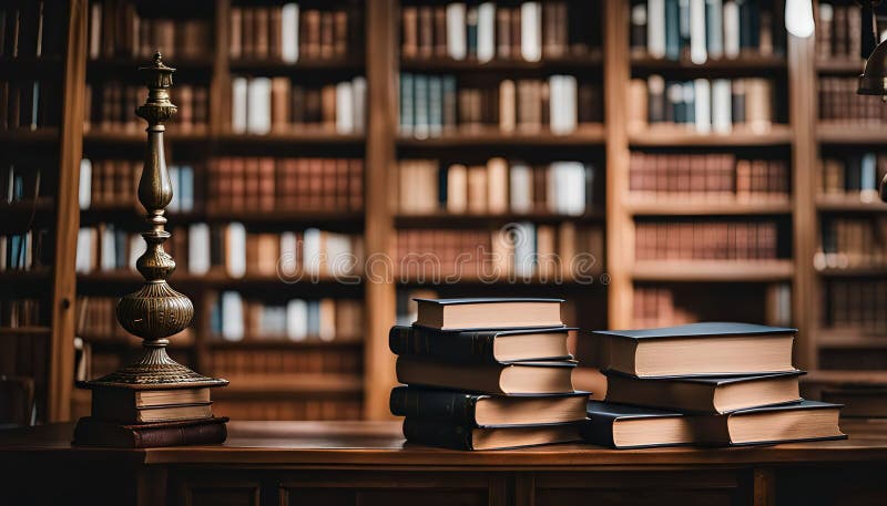 Books and a Brass Candlestick on a Table in a Library Stock ...