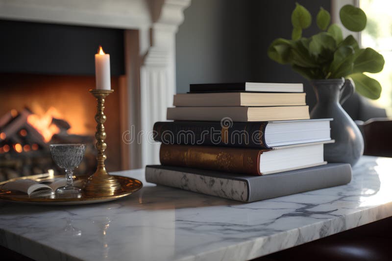 Books and Candle on White Marble Table in Front of Fireplace at Home ...