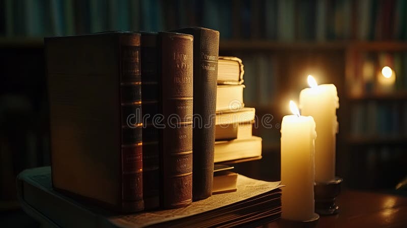 Books and Candlelight, Realistic, Cinematic Light, Sharp Focus. Stock ...