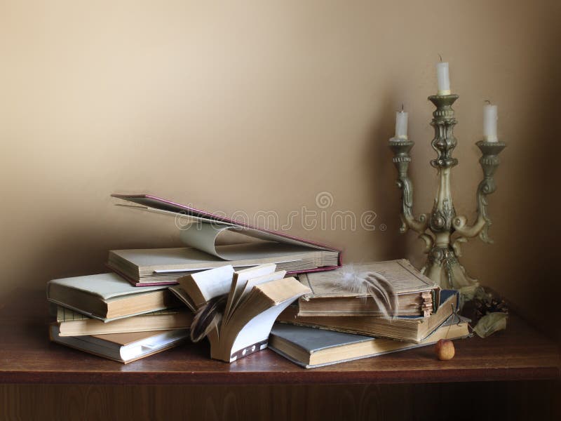 Books and a Candlestick on the Table . Stock Photo - Image of coffee ...