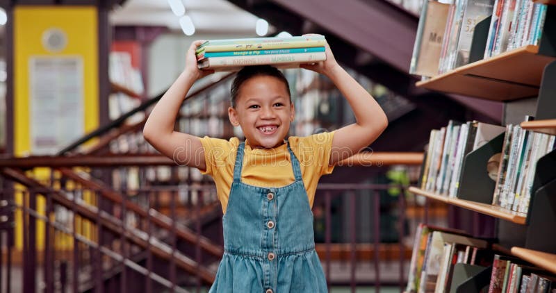 Books, Carrying or Child in a Library Walking with Smile for Knowledge ...