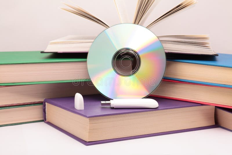 Pile of Books, Open Book, and DVD Disk Stock Image - Image of mpeg ...