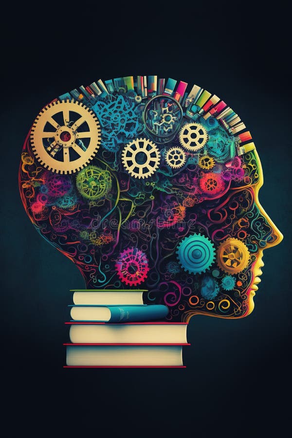 Books with Colorful Collage of Human Head Full of Knowledge. Reading is ...