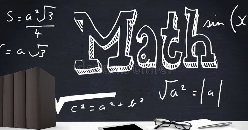 Books on Desk Foreground with Blackboard Graphics of Math Formula Stock ...