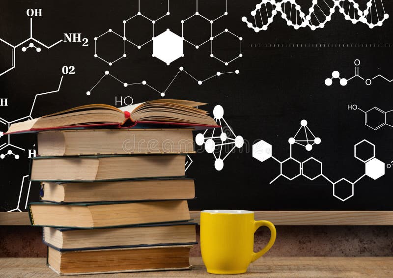 Books on Desk Foreground with Blackboard Graphics of Science Formula ...