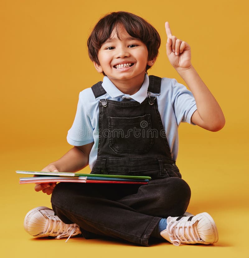 Books, Education and Portrait of Child with Question in Studio for ...