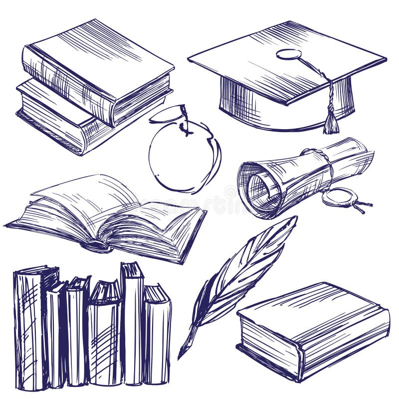 Books, Education Vintage Set Hand Drawn Vector Llustration Stock Vector ...