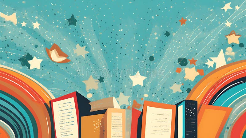 Books Exploding with Stars and Rainbow Arcs Stock Illustration ...