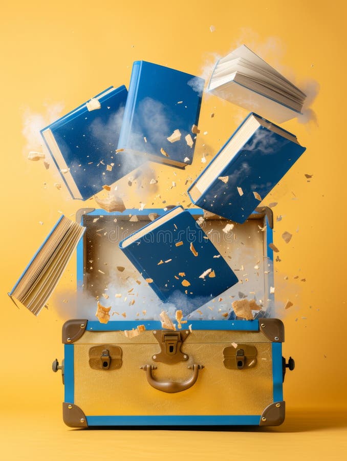 Books Exploding from Vintage Suitcase on Vibrant Yellow Backdrop Stock ...