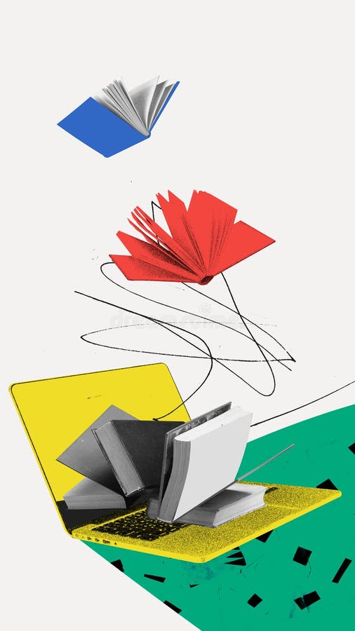 Books Falling Down on Laptop. Contemporary Art Collage. from ...