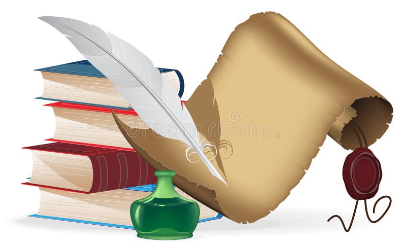 Books, Feather and Old Paper Scroll Stock Vector - Illustration of ... Books, Feather and Old Paper Scroll Stock Vector - Illustration of ...