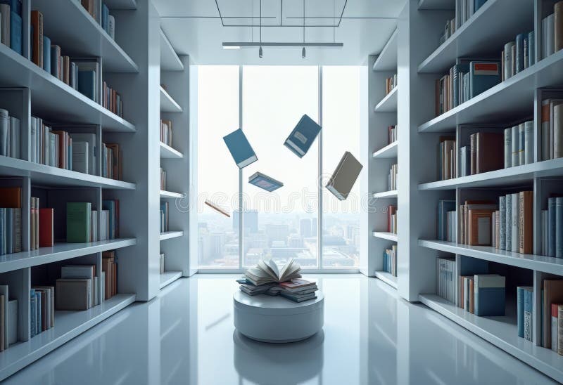Books Float Above an Open Book in a Modern Library with Large Windows ...