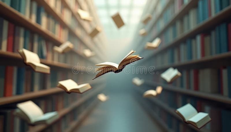 Books Float through Library with Open Pages. Knowledge in Motion in ...