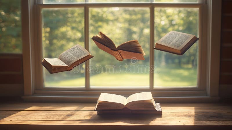 Books Floating Near Window, Garden View, Knowledge Concept Stock Photo ...