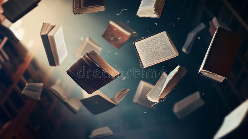 Books Floating through Soft Light in an Atmospheric Library Space Stock ...