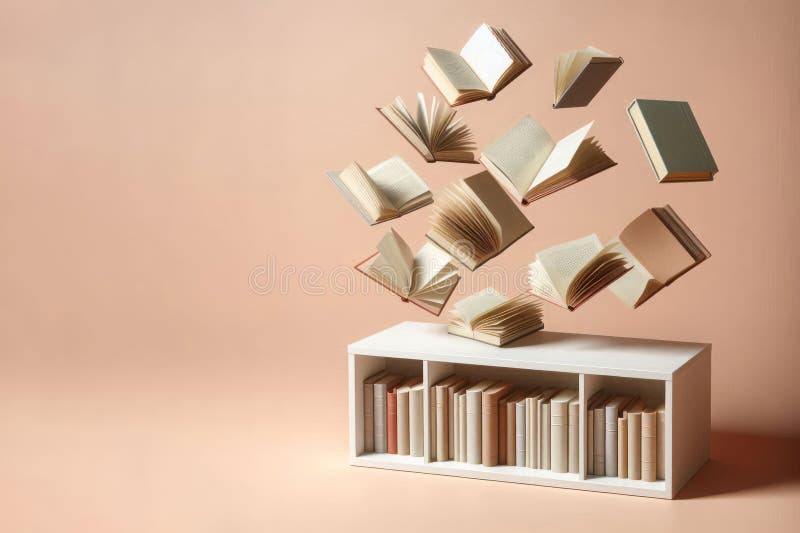 Books Flying in the Air Above a Bookshelf. Space for Text. Stock Photo ...