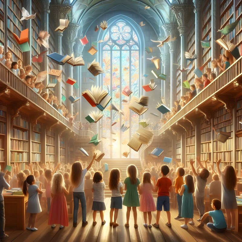 Books Flying in the Library Stock Illustration - Illustration of market ...