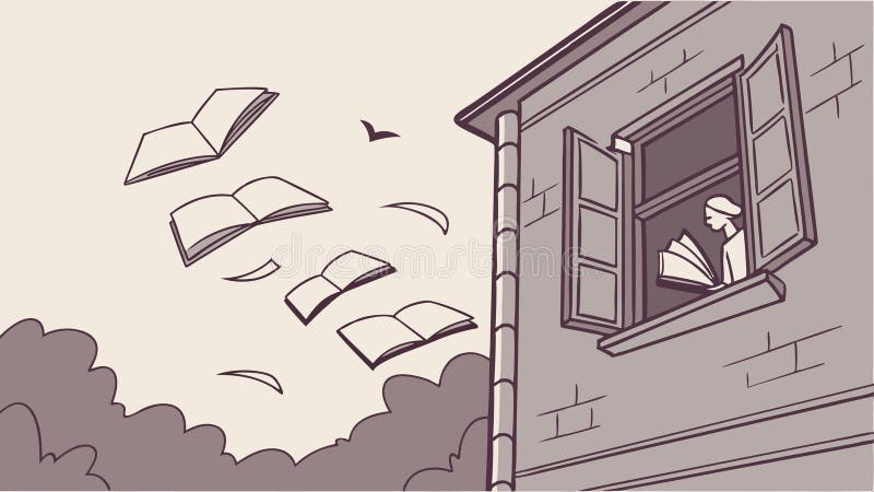 Books Flying Out Window, Knowledge and Imagination Concept Vector ...