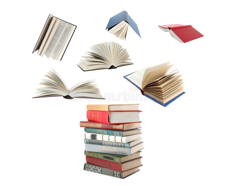 Books Flying Over Stack on White Background Stock Photo - Image of ...