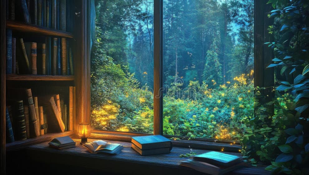 Books and Forest View from Window, Create a Peaceful Ambience for ...