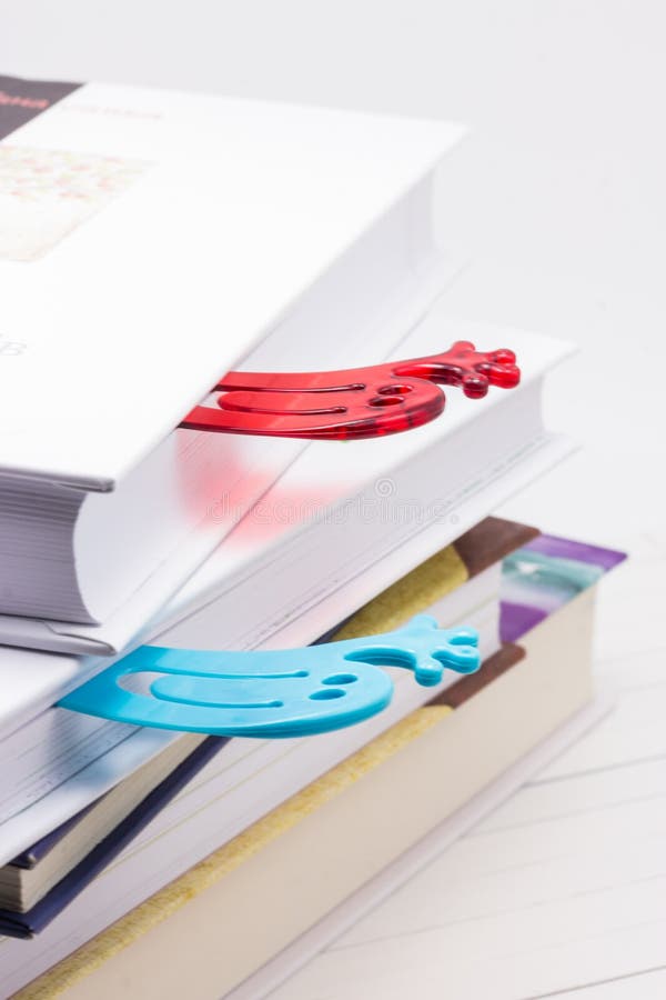 Books with funny bookmarks stock photo. Image of white - 78619444