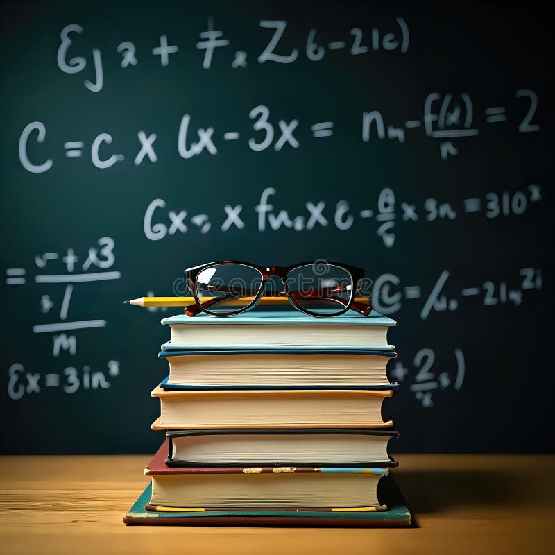 Books and Glasses on a Chalkboard with a Math Formula Stock ...