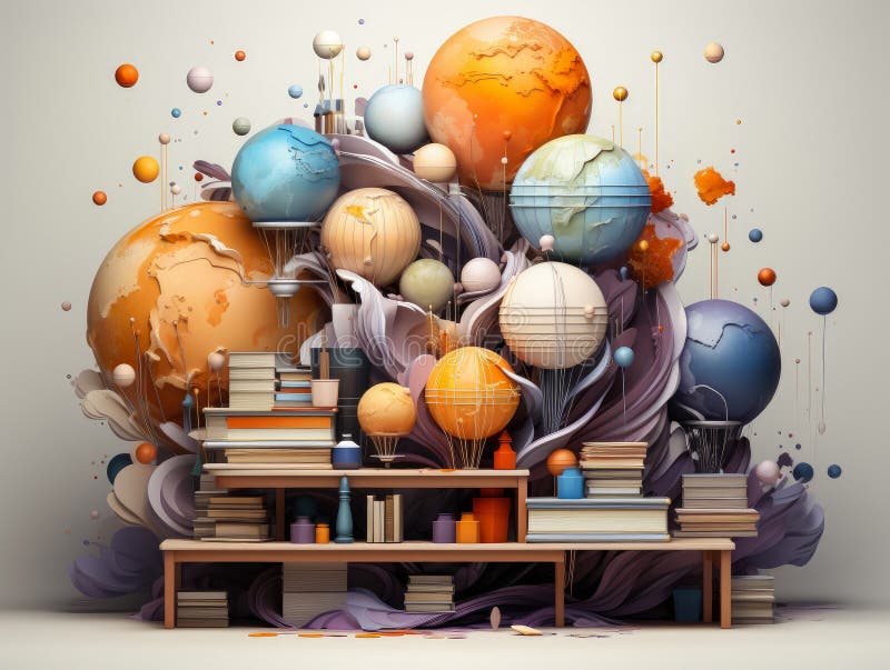Books with Globe Floating Around it Like Planets and Galaxies , Science ...