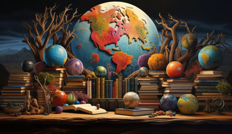 Books, Globe and Tree on the Table Stock Illustration - Illustration of ...