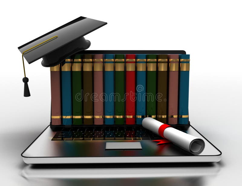 Books and Graduation Cap on Laptop- E-learning 3d Concept. 3D ...