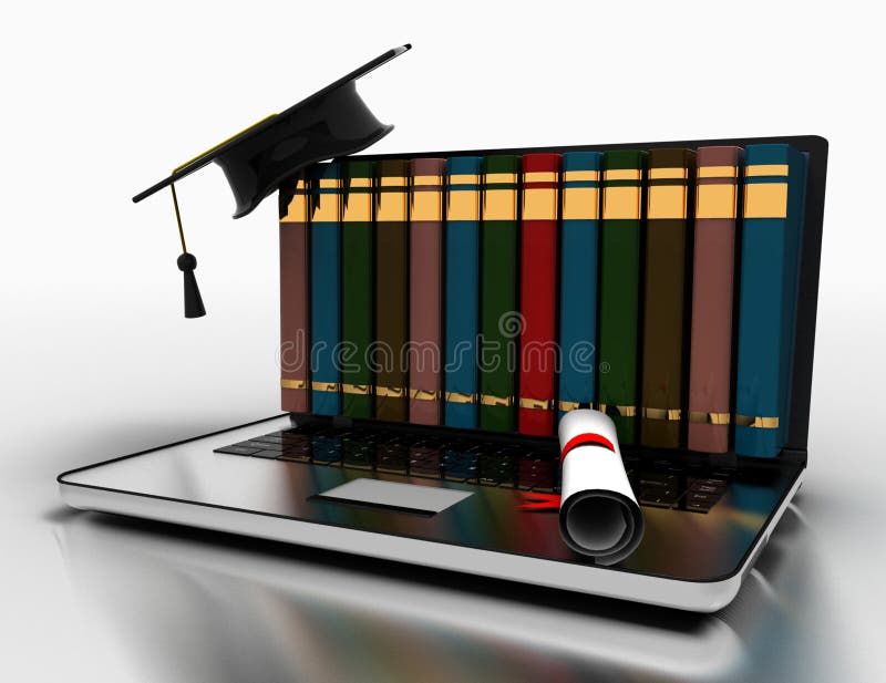 Books and Graduation Cap on Laptop- E-learning 3d Concept. 3D ...