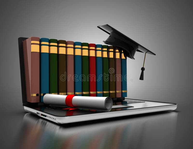 Books and Graduation Cap on Laptop- E-learning 3d Concept. 3D ...