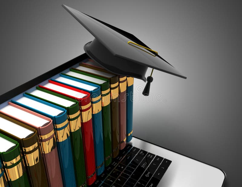 Books and Graduation Cap on Laptop- E-learning 3d Concept. 3D ...
