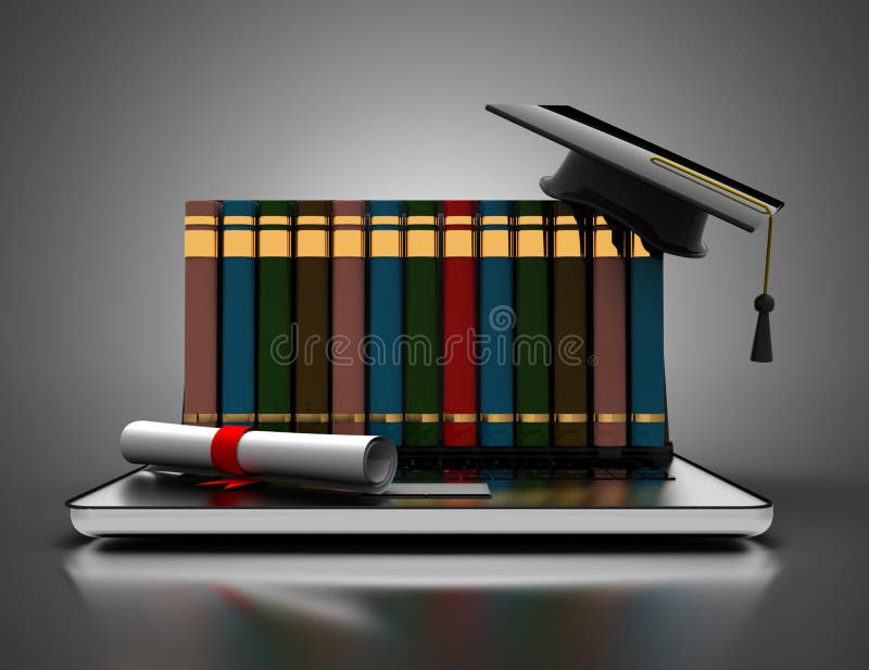 Books and Graduation Cap on Laptop- E-learning 3d Concept. 3D ...