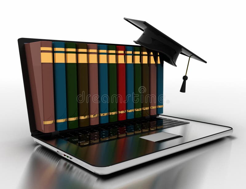 Books and Graduation Cap on Laptop- E-learning 3d Concept. 3D ...