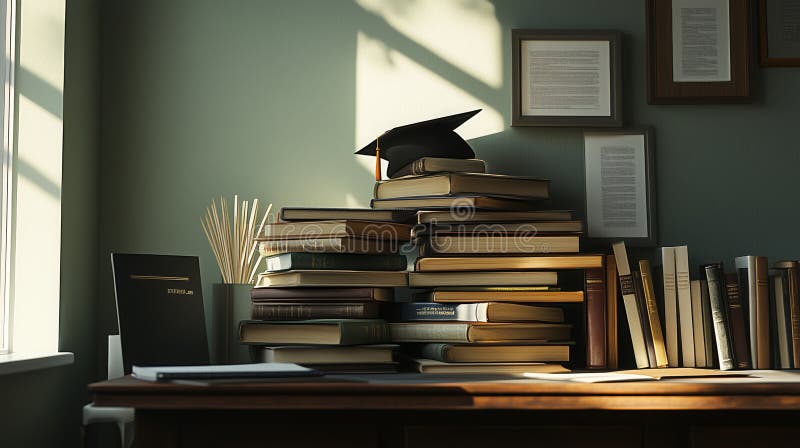 Books and a Graduation Cap Rest on a Desk Bathed in Sunlight Stock ...