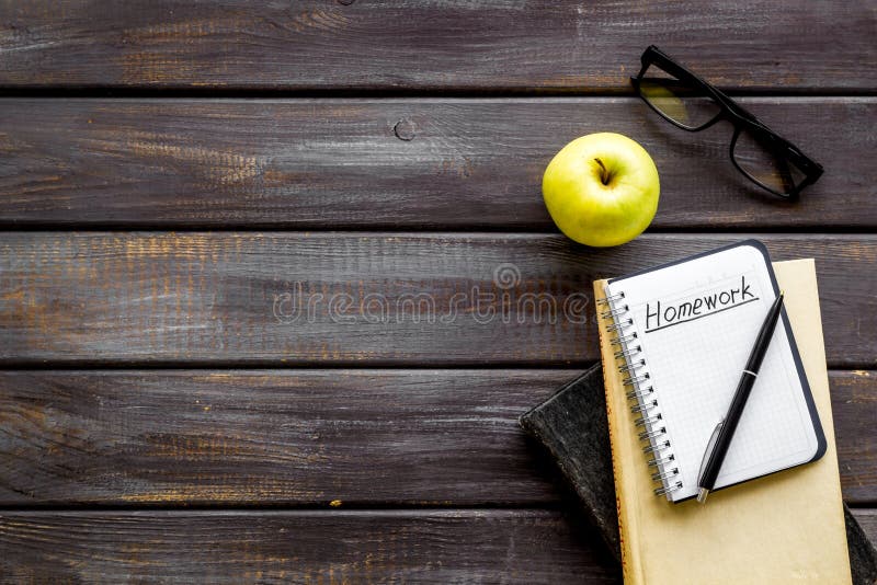 Books for Homework on Dark Wooden Student Desk Top-down Copy Space ...