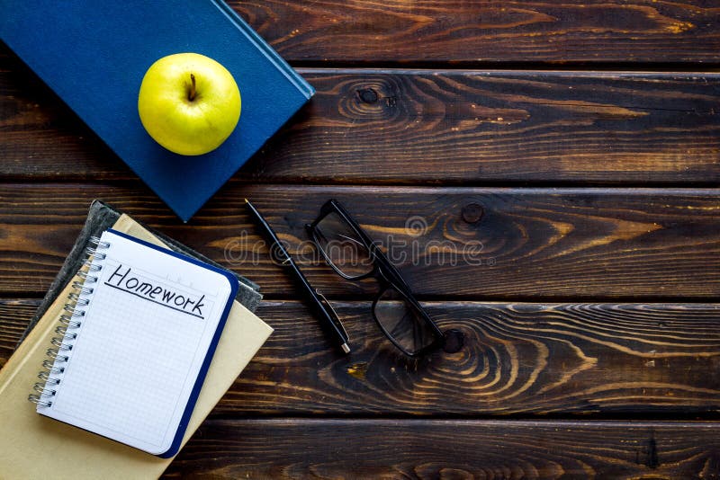 Books for Homework on Dark Wooden Student Desk Top-down Copy Space ...