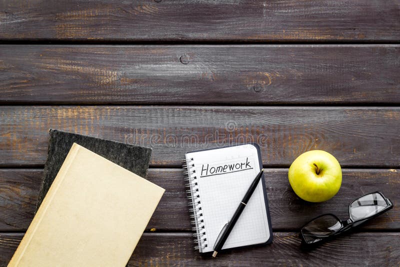 Books for Homework on Dark Wooden Student Desk Top-down Copy Space ...
