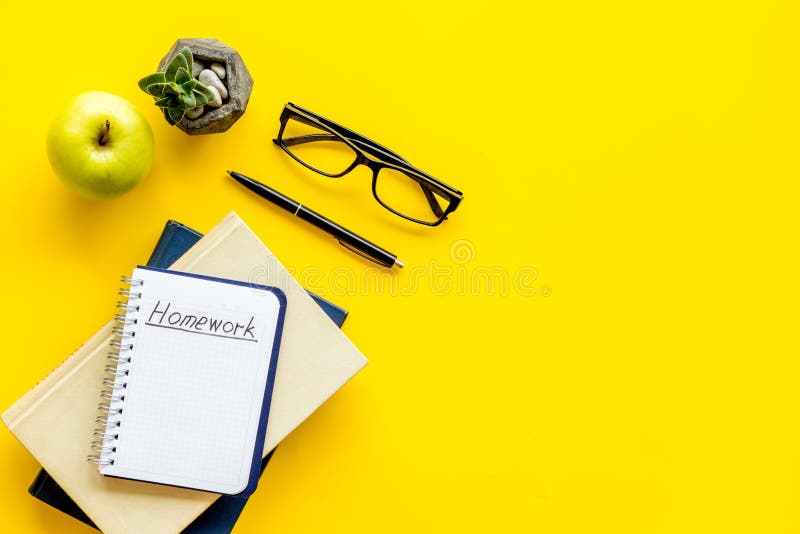 Books for Homework on Yellow Student Desk Top-down Copy Space Stock ...