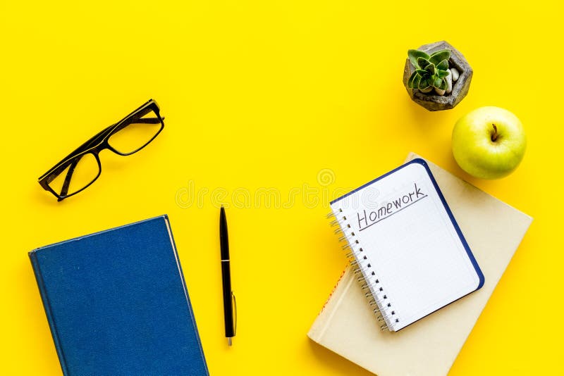 Books for Homework on Yellow Student Desk Top-down Copy Space Stock ...