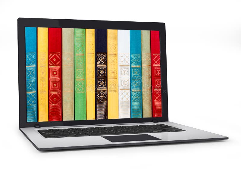 Books inside computer stock illustration. Illustration of library ...