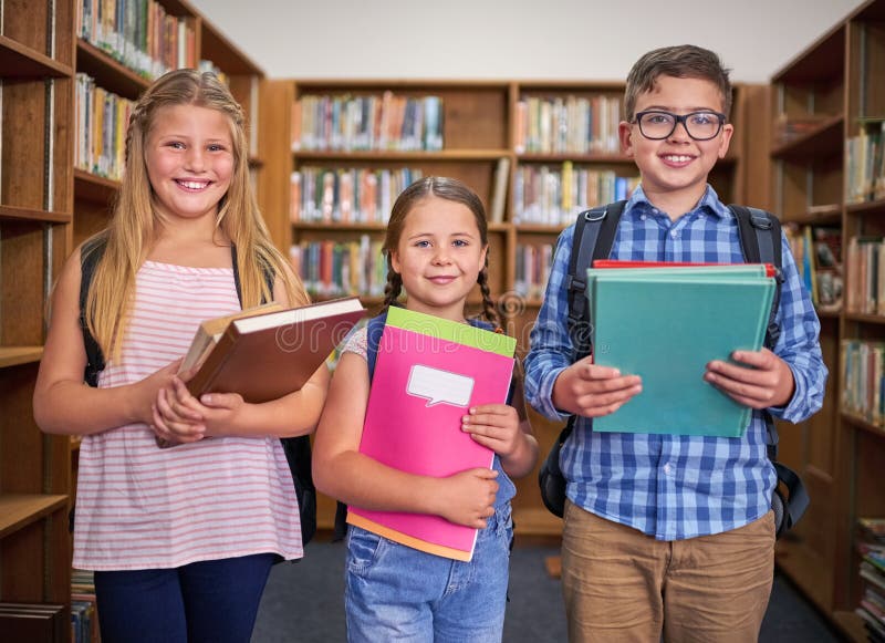 Books, Kids or Portrait of Students in Library for Education, Child ...