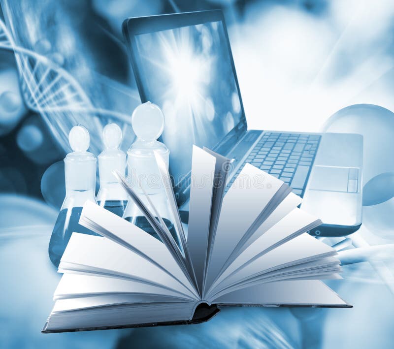 Books and Laboratory Flask on DNA Strand Background Stock Photo - Image ...