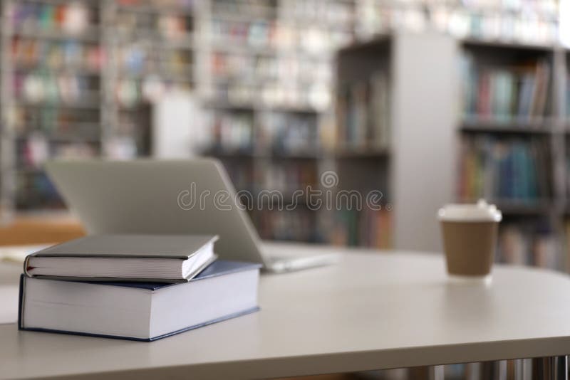 Books, Laptop and Drink in Library Stock Image - Image of object ...