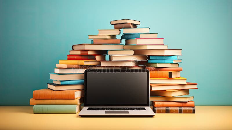 Books and Laptop, Online Lessons Stock Illustration - Illustration of ...